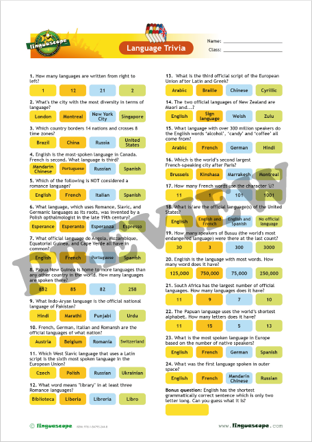 Language Trivia (downloadable worksheet) – Linguascope
